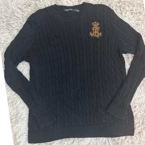 Vintage Ralph Lauren Black Cable Knit Crest Logo Sweater XL Excellent ...