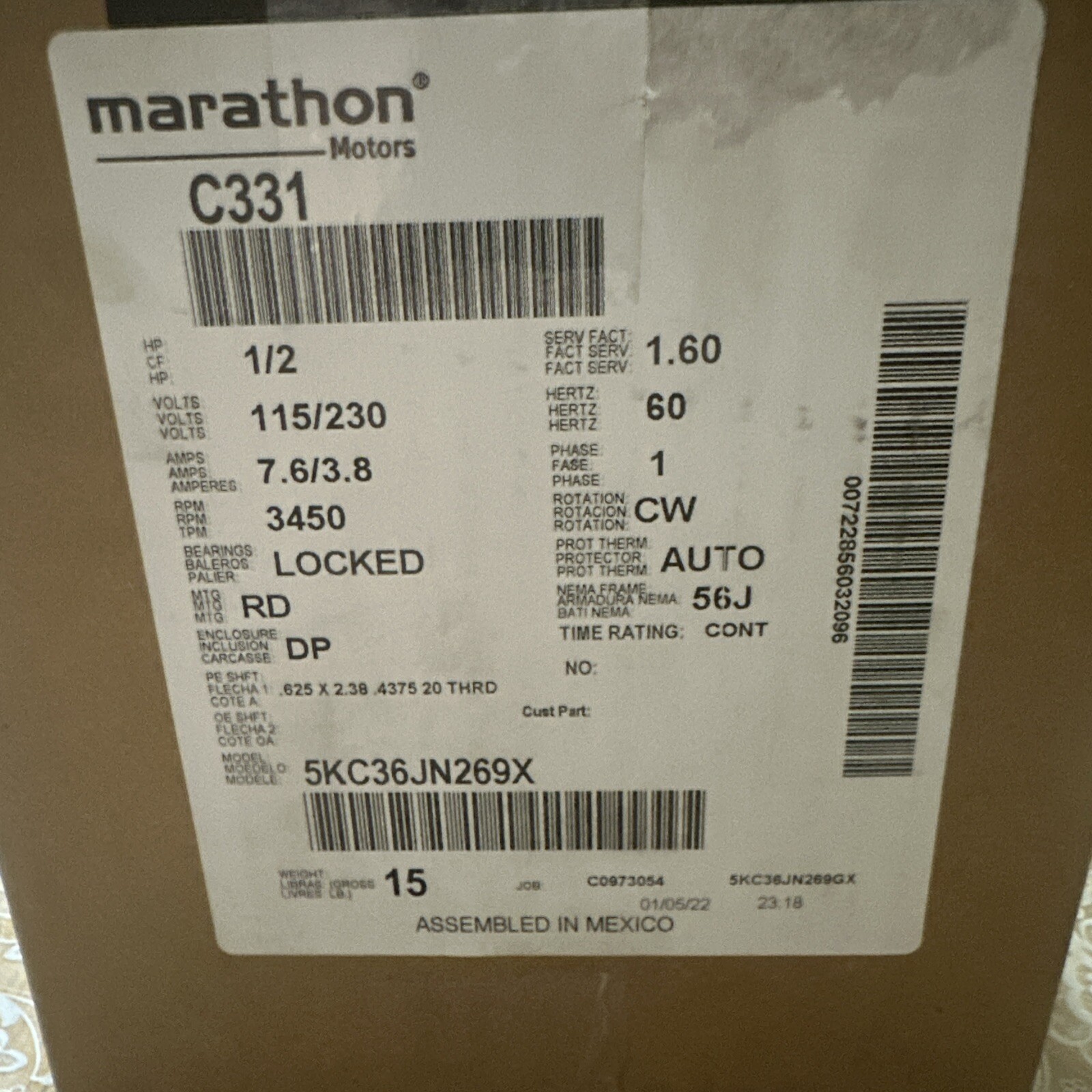 C331 Marathon Electric Motor 1/2 HP 3450 Rpm | Grelly USA
