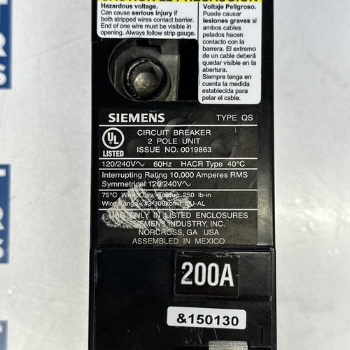 Siemens QS2200 200 Amp 240 Vac 2 Pole Circuit Breaker-Warranty (Ship ...