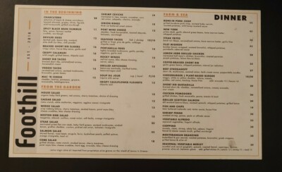 FOOTHILL Restaurant Menu, Very Popular in Pasadena, CALIFORNIA | eBay