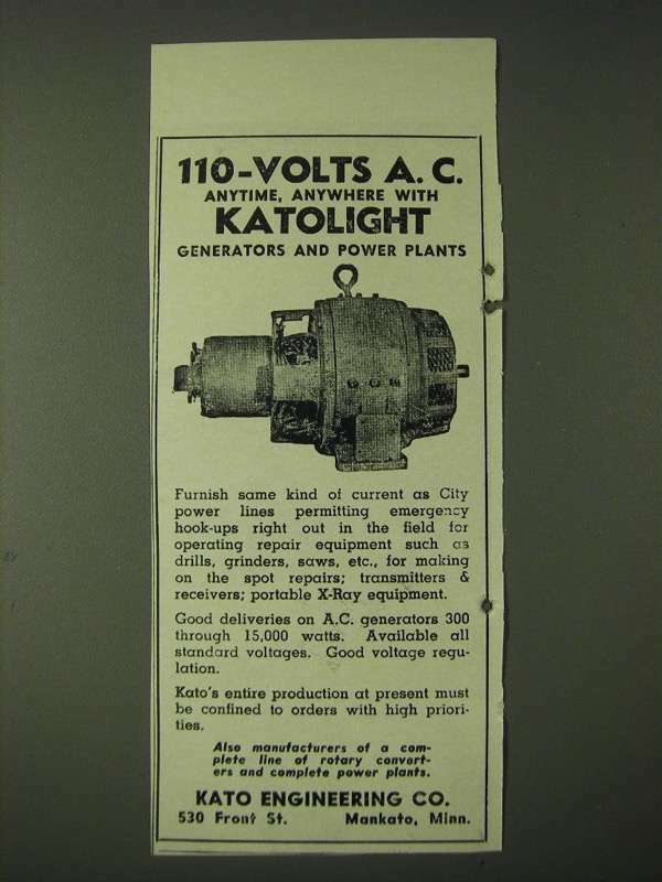 1943 Kato Engineering Katolight Generators and Power Plants Ad | eBay
