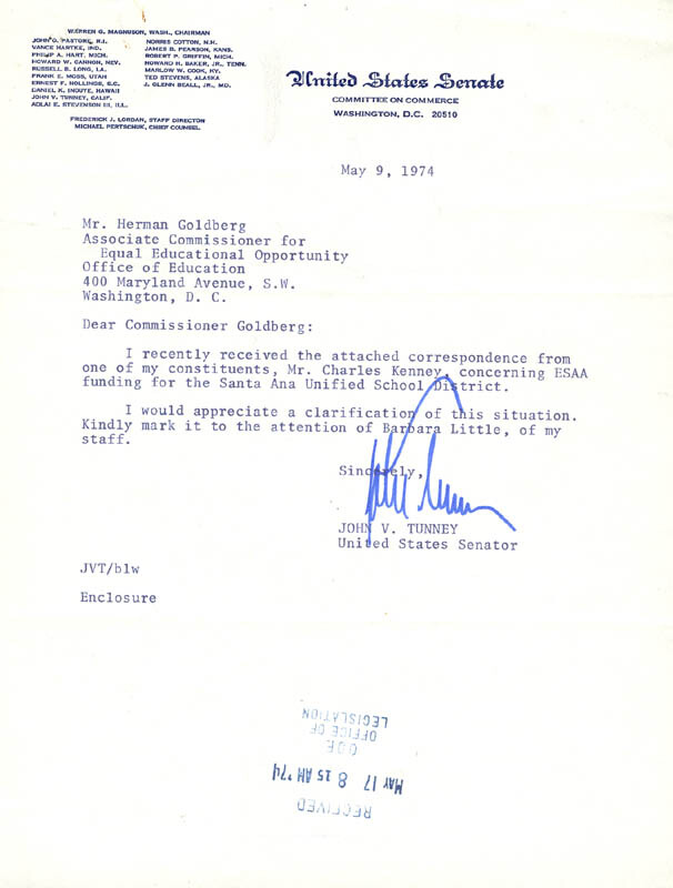 JOHN VARICK TUNNEY - TYPED LETTER SIGNED 05/09/1974 | eBay
