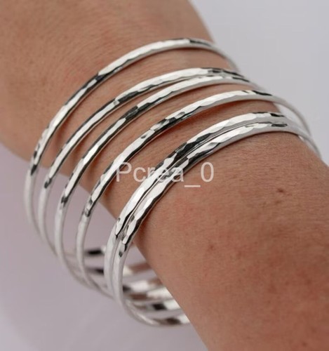 6 Set of Bangles 925 Sterling Silver Hammered Bangles Stacking Bangles Woman M5 | eBay Australia