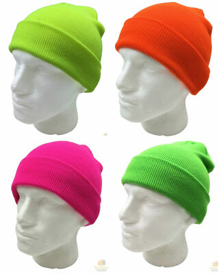 PLAIN FLURO BEANIE Hi Vis Unisex Winter Warm Hat Ski Party Costume Cap ...
