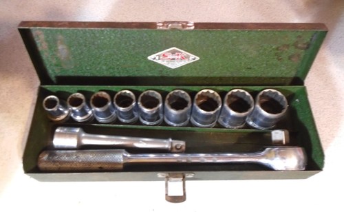 Vintage S-K SK Tool 11 pc. 1/2" dr. 12 pt. Socket Set Metal Box USA ...