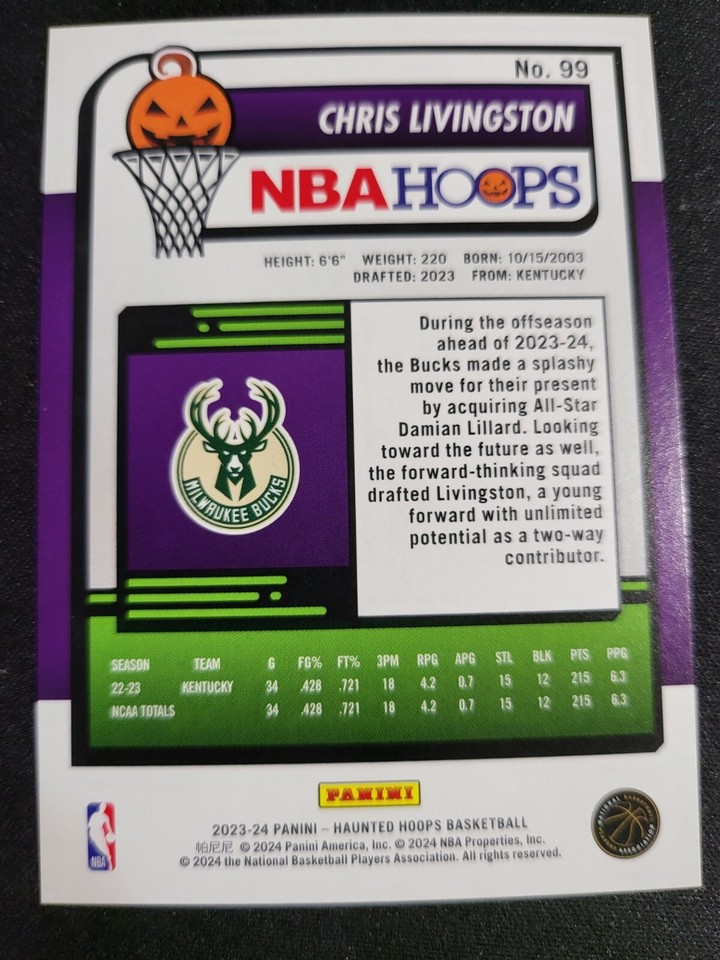 2023-24 Panini NBA Haunted Hoops Chris Livingston RC #99 Bucks | eBay