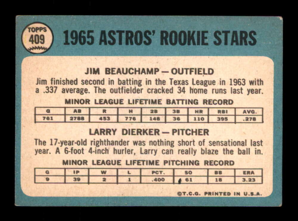 1965 Topps - 1965 Rookie Stars #409 Jim Beauchamp, Larry Dierker (RC ...