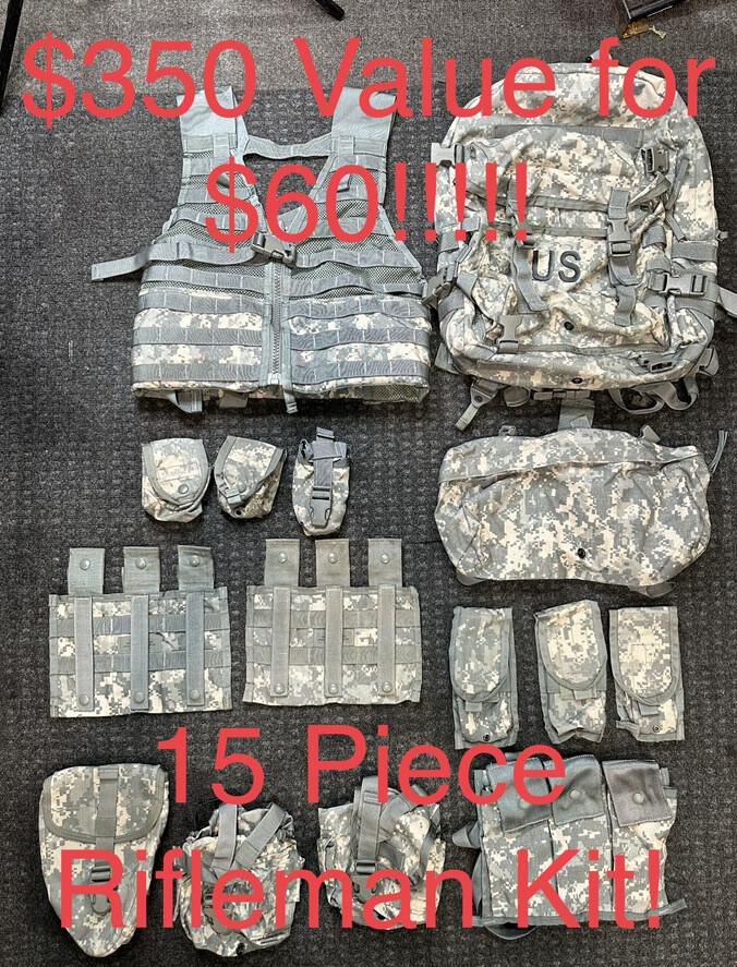 COMPLETE US Army Rifleman’s Set! 15 Pcs! Assault Pack, Waist Pack, Vest ...