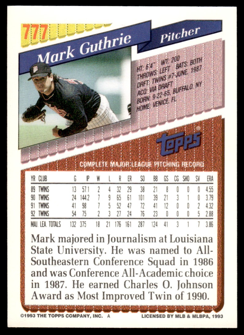 1993 Topps Baseball Card Mark Guthrie Minnesota Twins #777 | eBay