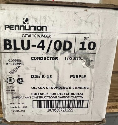 PENN UNION BLU4/0D, Compress. Lug 2 Hole w/Inspect. Window 4/0 AWG ...