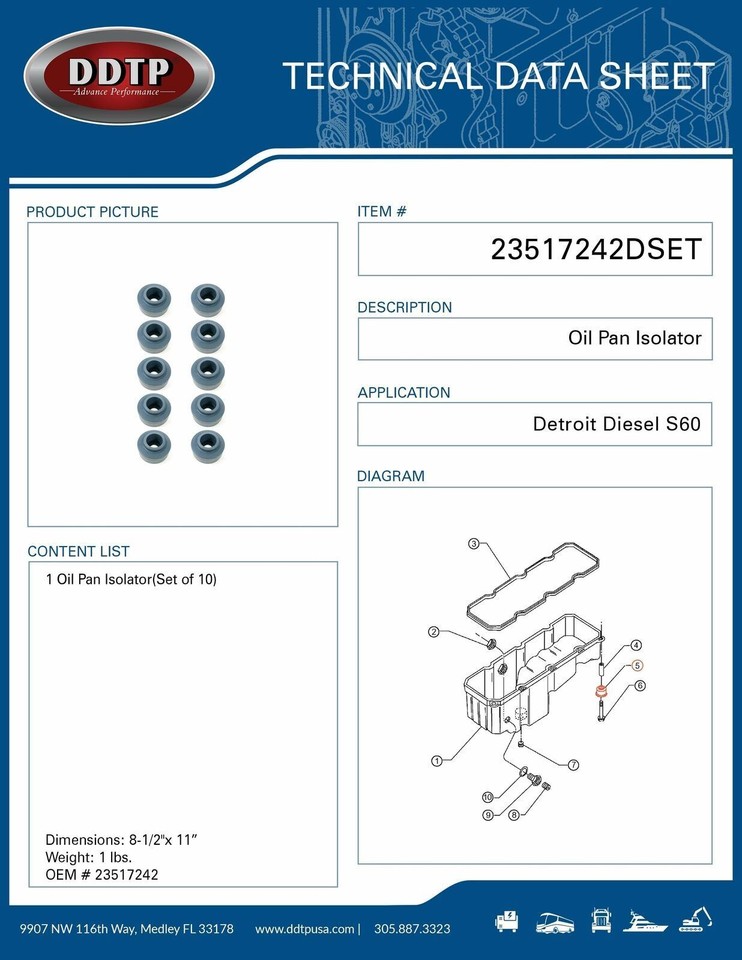 Oil Pan Isolator (Set of 10) Detroit Diesel S60 12.7L Engine (23517242 ...