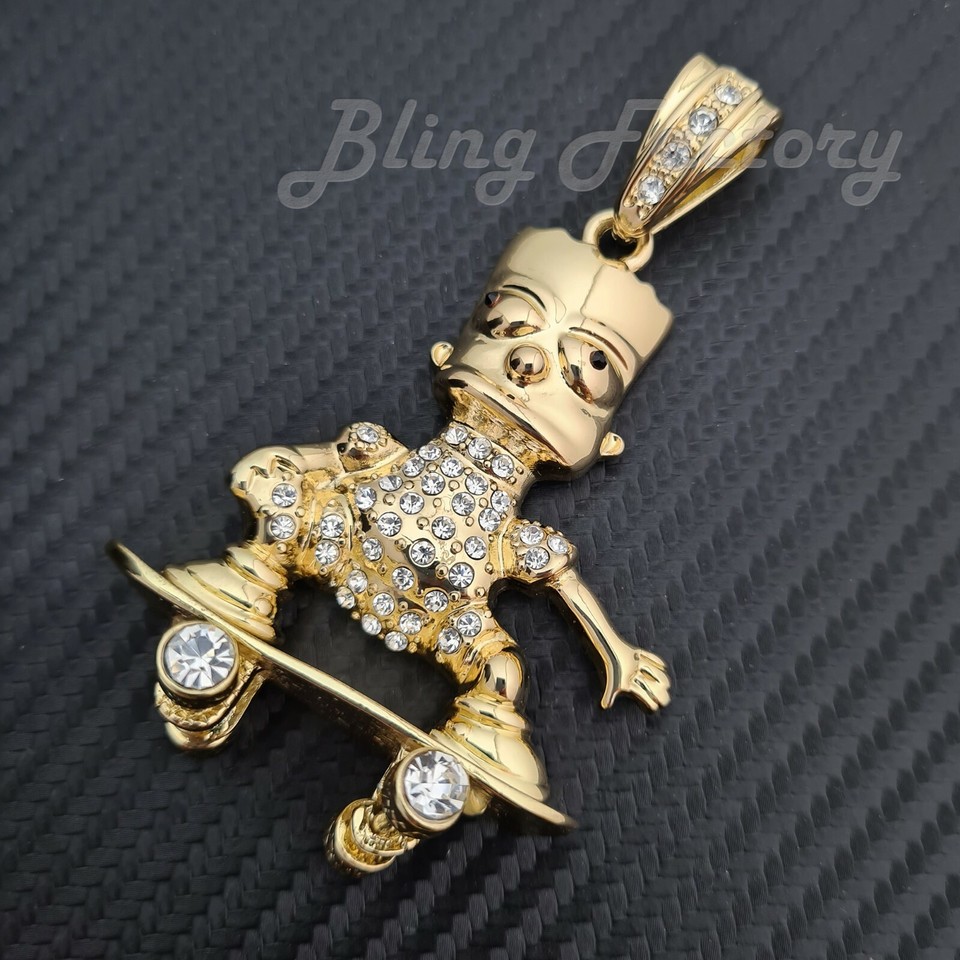 HIP HOP ICED GOLD PLATED LAB DIAMOND RAPPER'S SIMPSON SKATEBOARD CHARM ...
