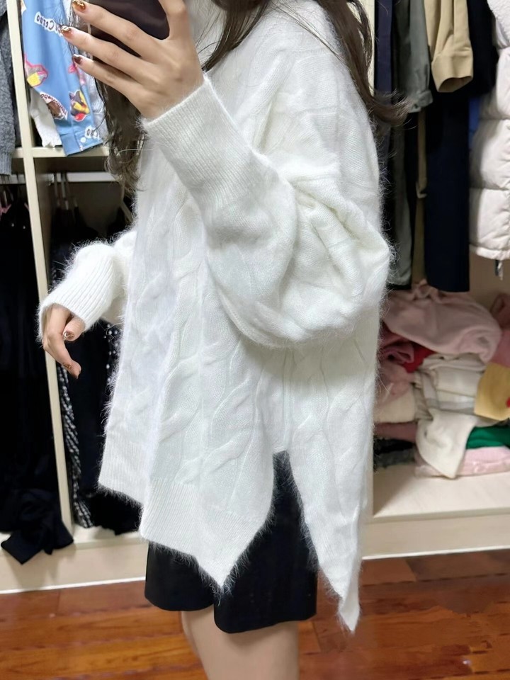 Angora Blended Jumper Fuzzy Soft Mock Neck Side Slit Sweater | eBay