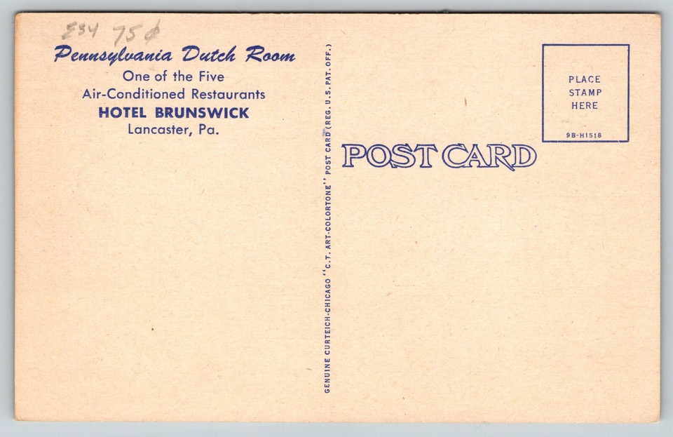 Postcard Hotel Brunswick Pennsylvania Dutch Room Lancaster ...