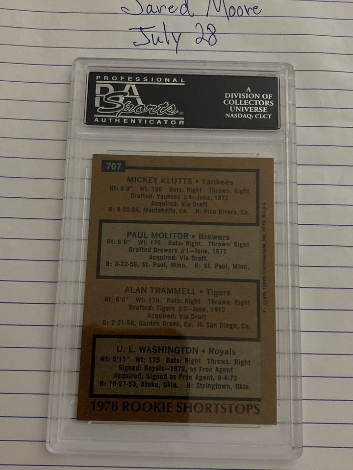 1978 topps ROOKIE SHORTSTOPS Alan Trammell #707 PSA 9 (PD) mint!! RARE ...