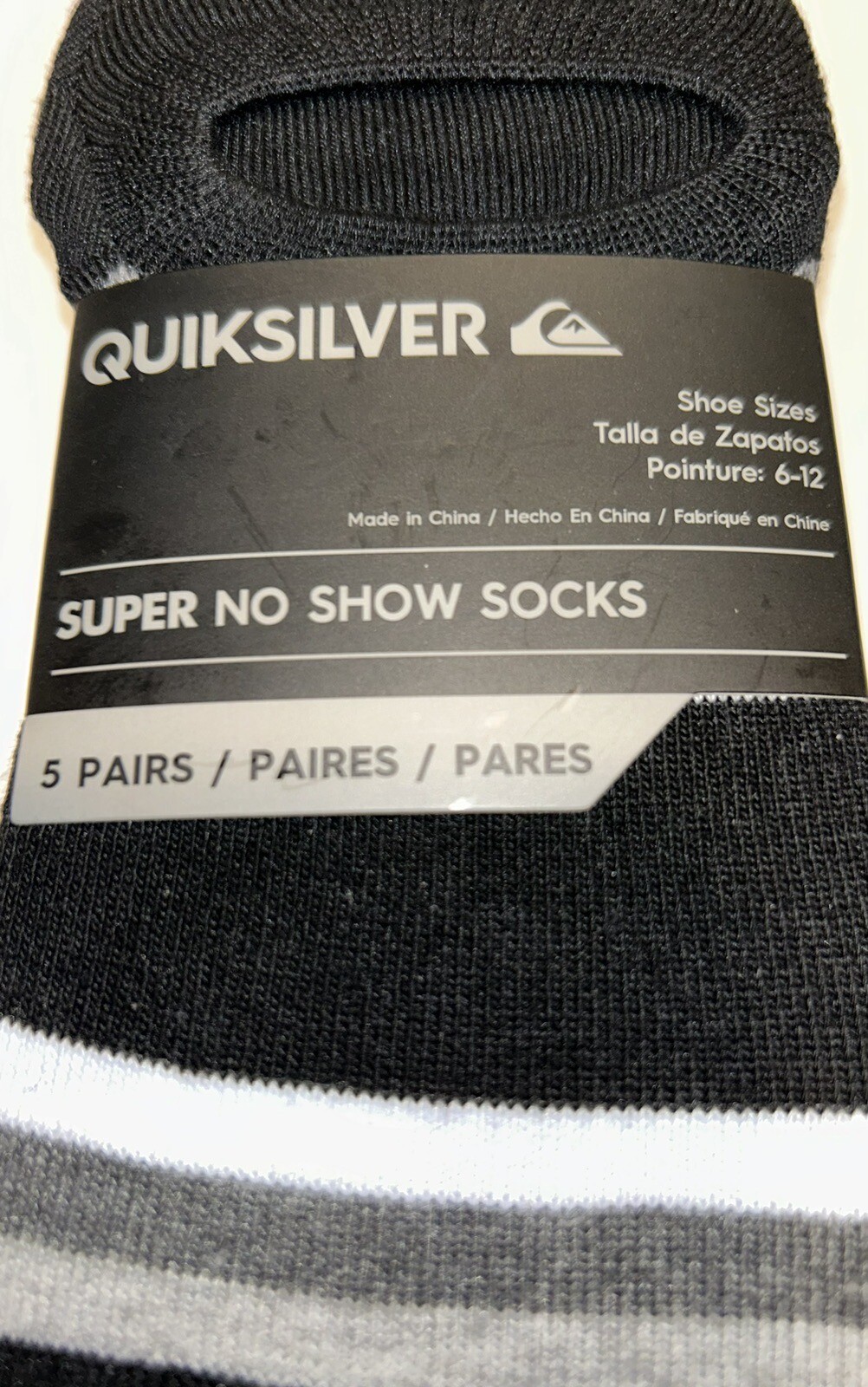 Quicksilver No Show Socks 5 Pair Men's 6-12 Black White Gray Mixed Surf ...