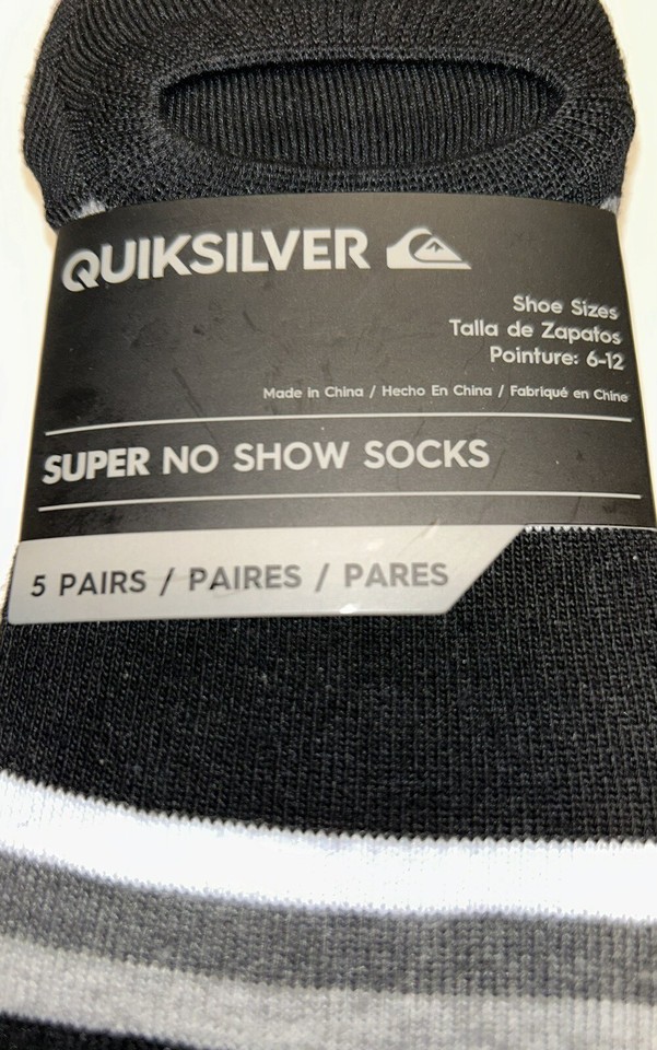 Quicksilver No Show Socks 5 Pair Men's 6-12 Black White Gray Mixed Surf ...
