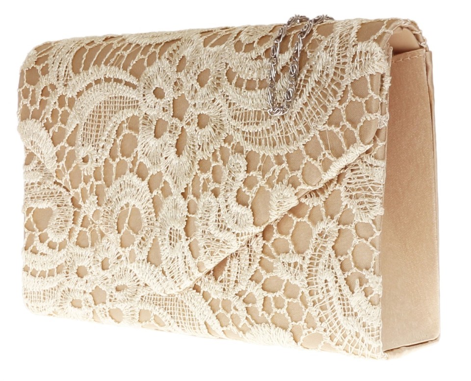 Elegant Satin Lace Clutch Bag Womens Designer Wedding Rose Gold Evening ...