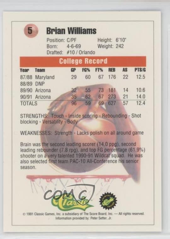 1991 Classic Draft Picks Bison Dele Brian Williams #5 Rookie RC | eBay