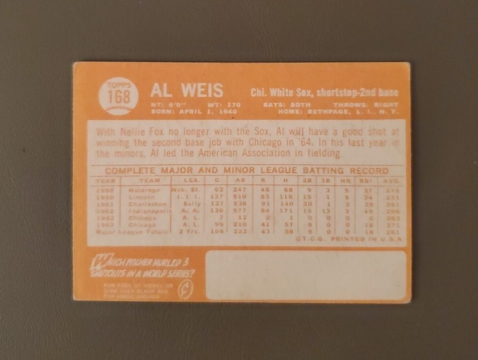 1964 Topps Baseball Card Al Weis Chicago White Sox #168 | eBay