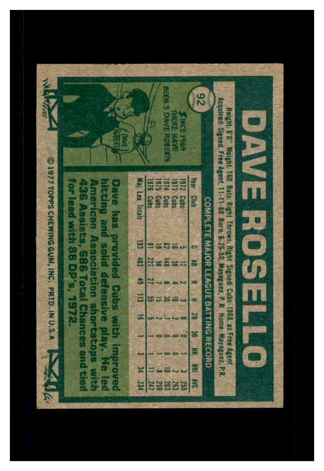 1977 TOPPS BASEBALL CHICAGO CUBS #92 DAVE ROSELLO | eBay