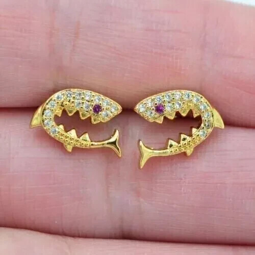 Women Shark Stud Earring 14K Yellow Gold Plated Simulated Diamond 1Ct Round Cut | eBay