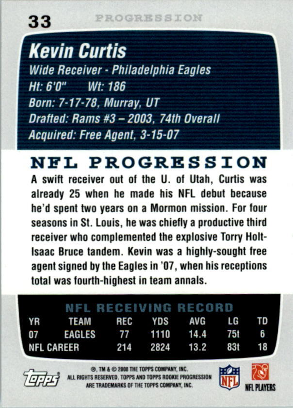 2008 Topps Rookie Progression Football Card #33 Kevin Curtis | eBay