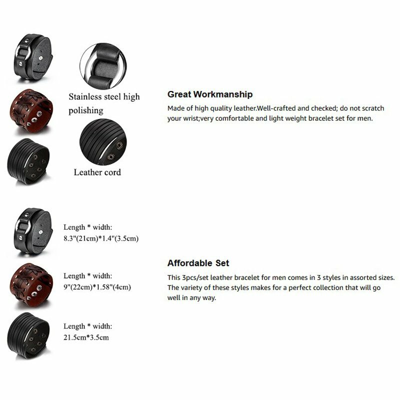 3PCS Punk Rock Wide Strap Spike Studded Biker Leather Cuff Bracelet ...