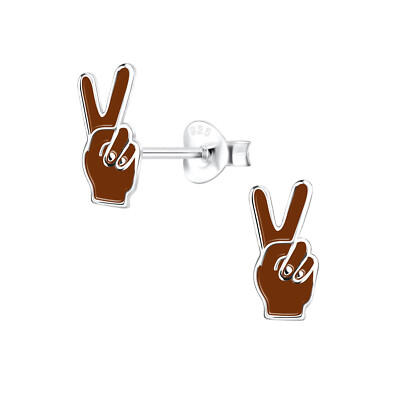 Brown Peace Sign Hand Studs - 925 Sterling Silver Peace Sign Post ...