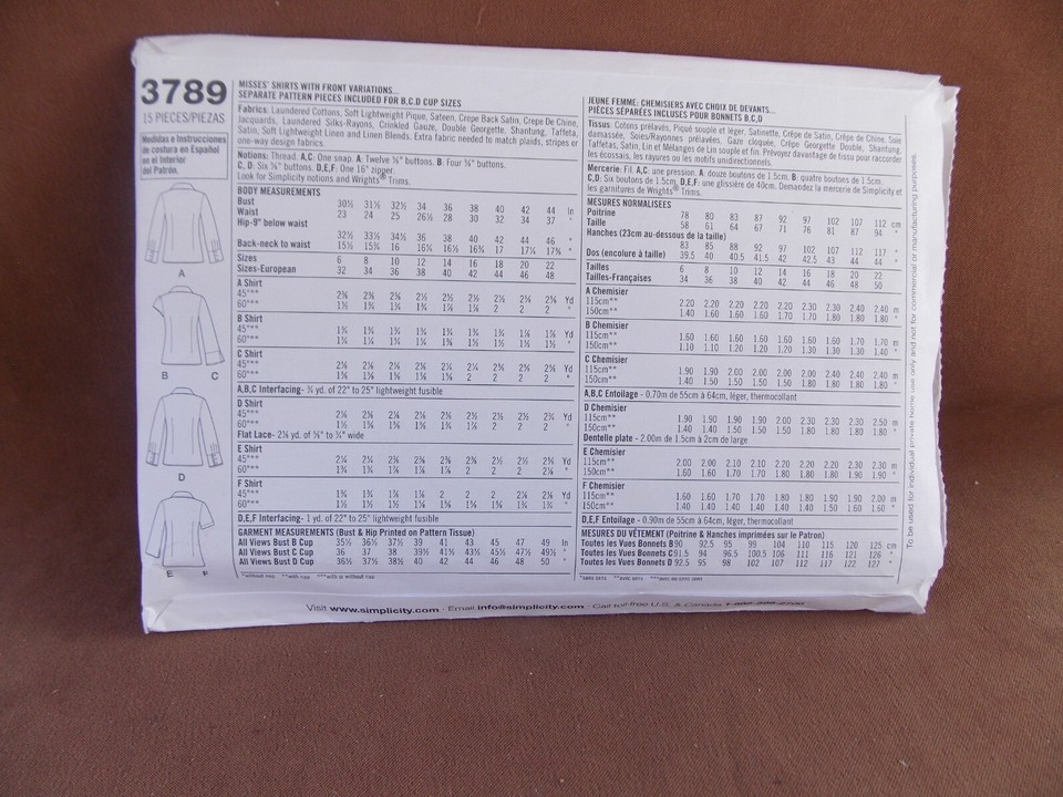 Vtg Simplicity Misses Blouse Sizes 16-20 Uncut Pattern 3789 | eBay