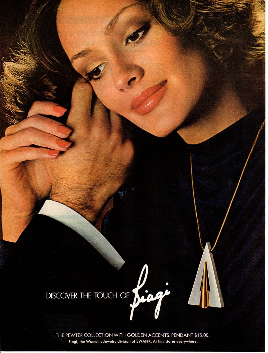 Vintage Beauty Fashion ad 1975 Biagi SWANK Pendant Pewter Gold Accents ...