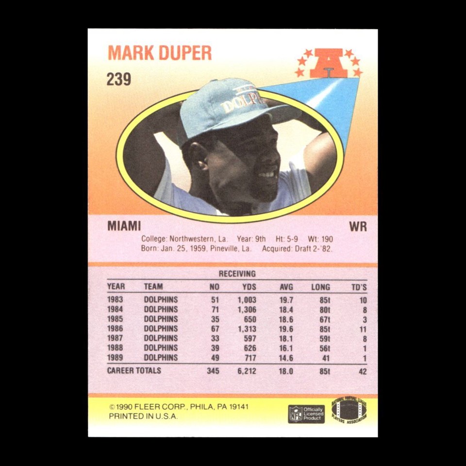 Mark Duper 1990 Fleer Miami Dolphins #239 R325C 41 | eBay