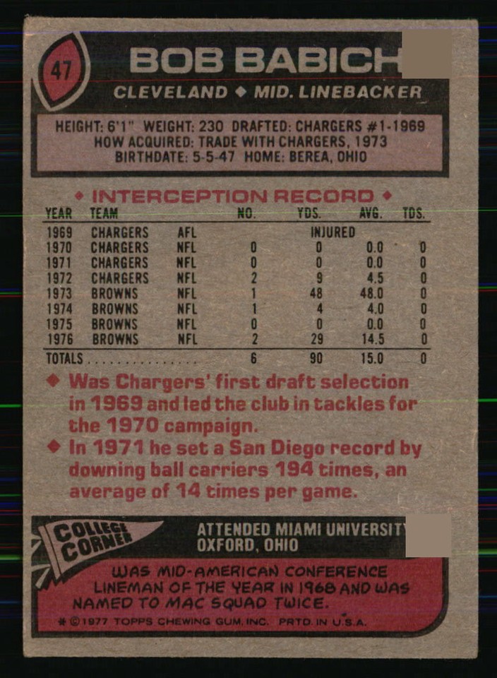 Bob Babich 1977 Topps #47 Football Card | eBay