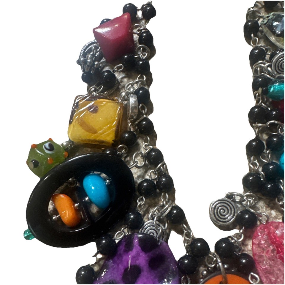 vintage treska glass bead stone necklace carnival murano disc blue ...