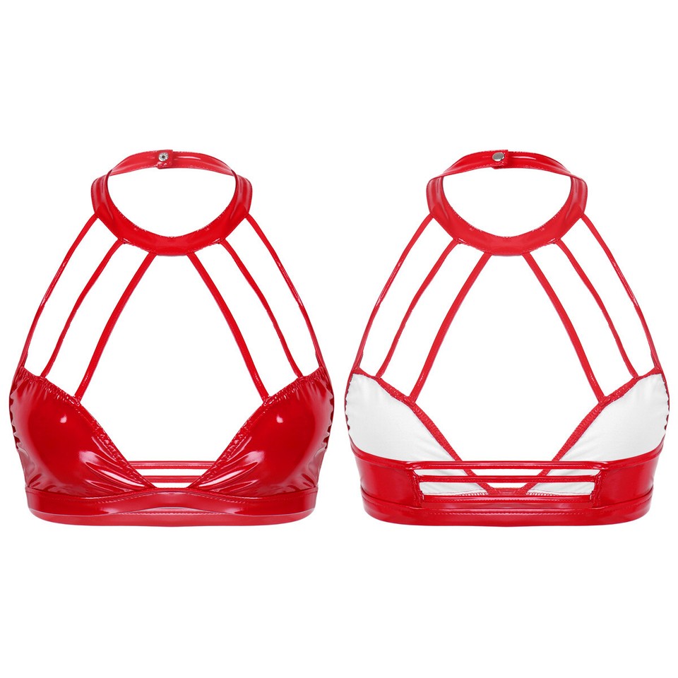 Womens Strapless Open Cups Top Sleeveless Crop Vest Wet Look Punk Tank ...