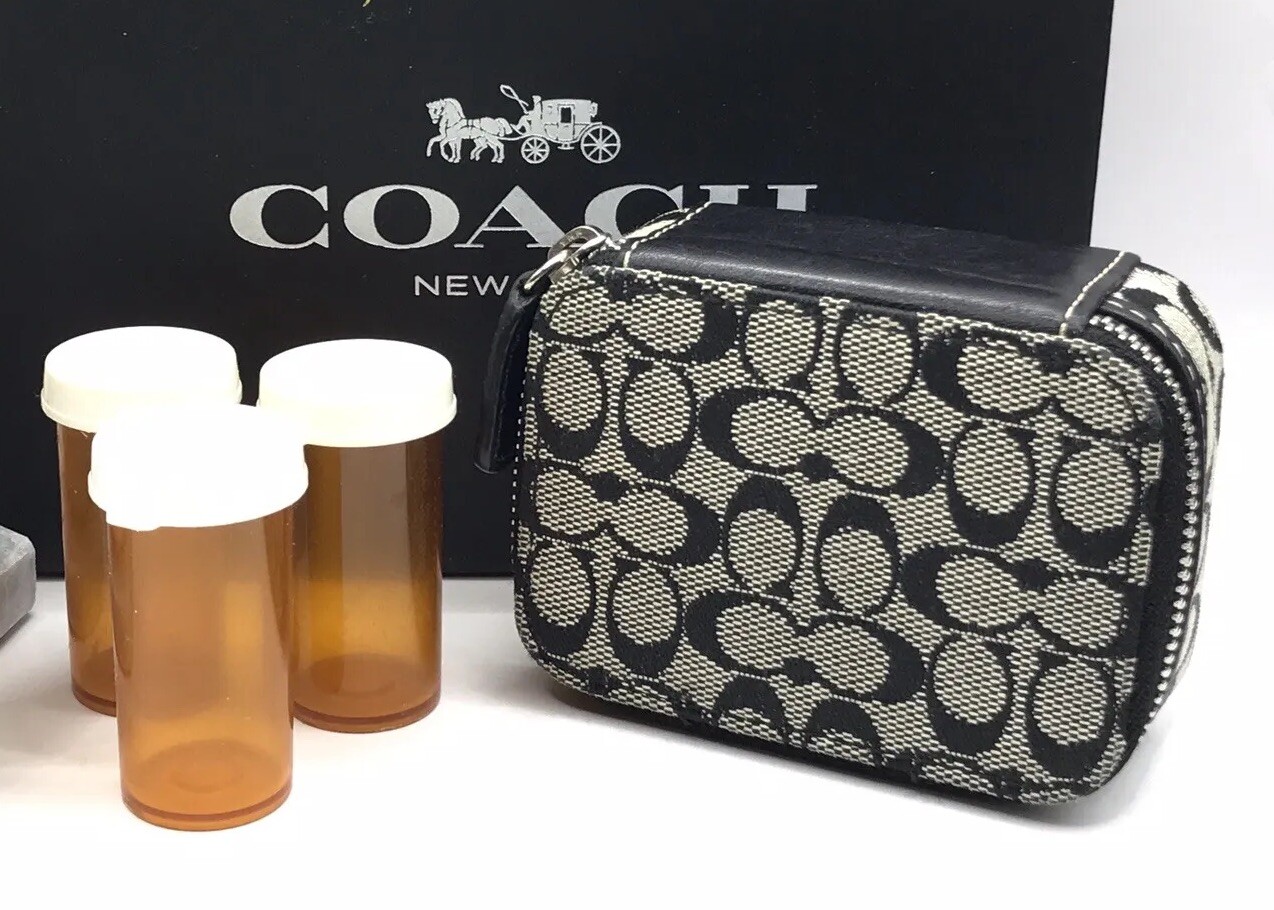 Coach Signature Black/Grey Canvas Leather Triple Pill Case Travel Box ...