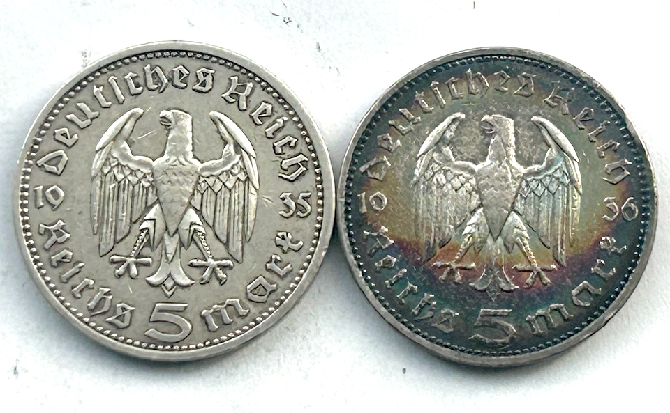 GERMANY 3 REICH SILVER 5 MARK 1935 A & SILVER 5 MARK 1936 A ...