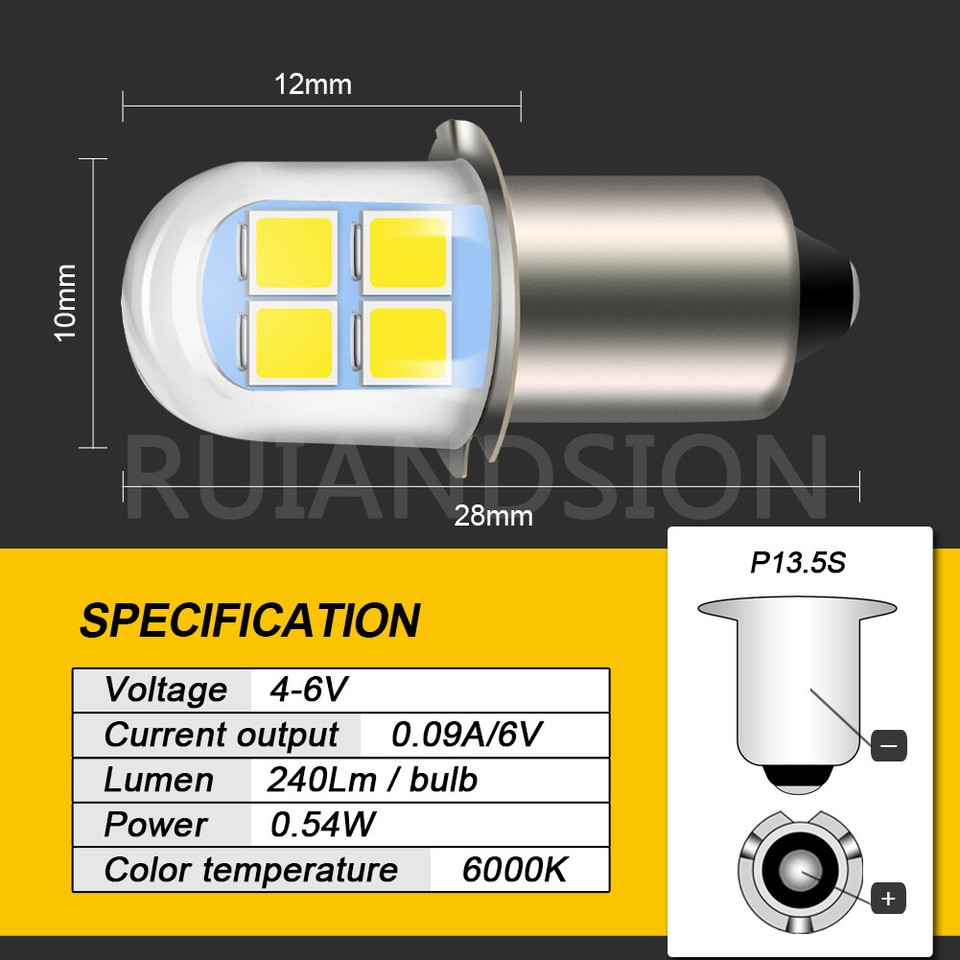 4PCS P13.5S PR2 LED Flashlight Torch Light Bulb DC 4.5V-6V White/ Warm ...
