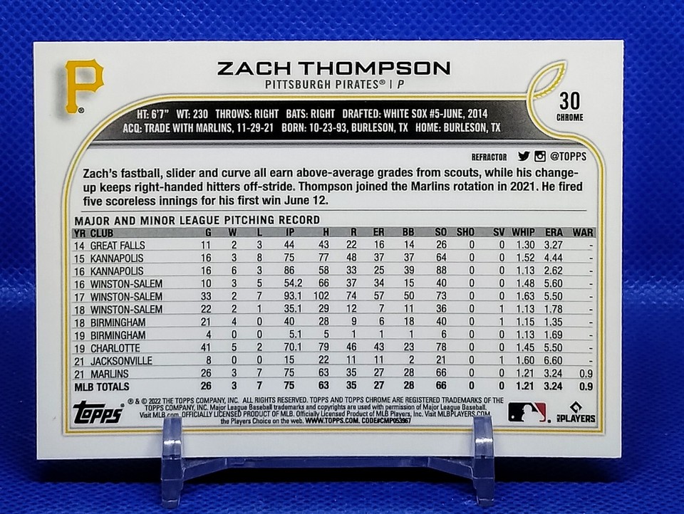 ZACH THOMPSON. Rookie,RC. 2022 Topps Chrome Baseball. Refractor. #30 ...