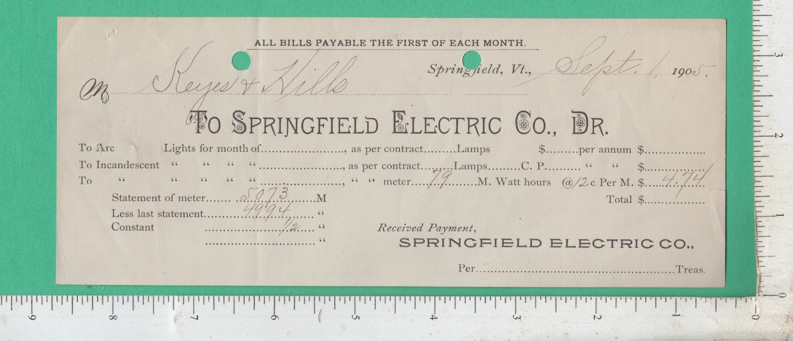 A316 Springfield Electric Co bill Keyes & Hills, Springfield, Vermont ...