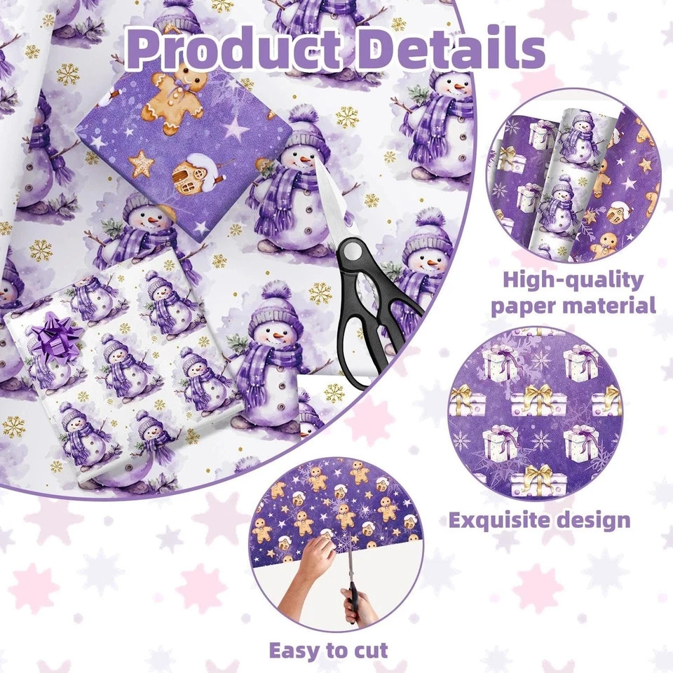 6Pcs Snowman Gingerbread Man Christmas Wrapping Paper Purple Xmas ...