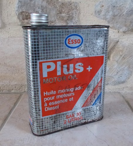 Vintage ESSO Plus + Oil can tin old antique France canister silver | eBay