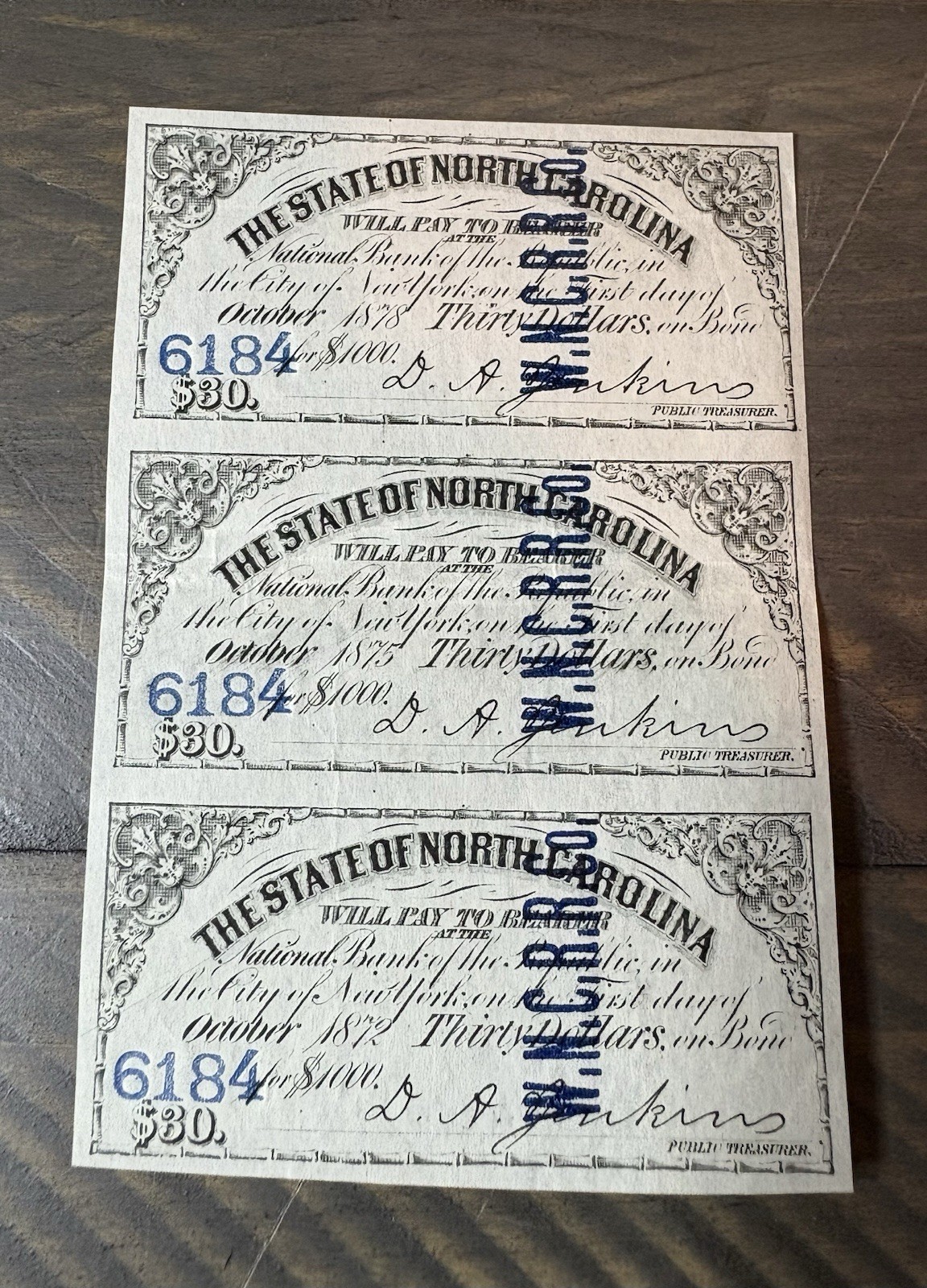 State of North Carolina Uncut $30 Bonds • Sheet of 3 Obsolete Currency ...