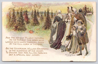 Postcard Thanksgiving Day Pilgrims Crops and Poem Artist FC Lounsbury ...