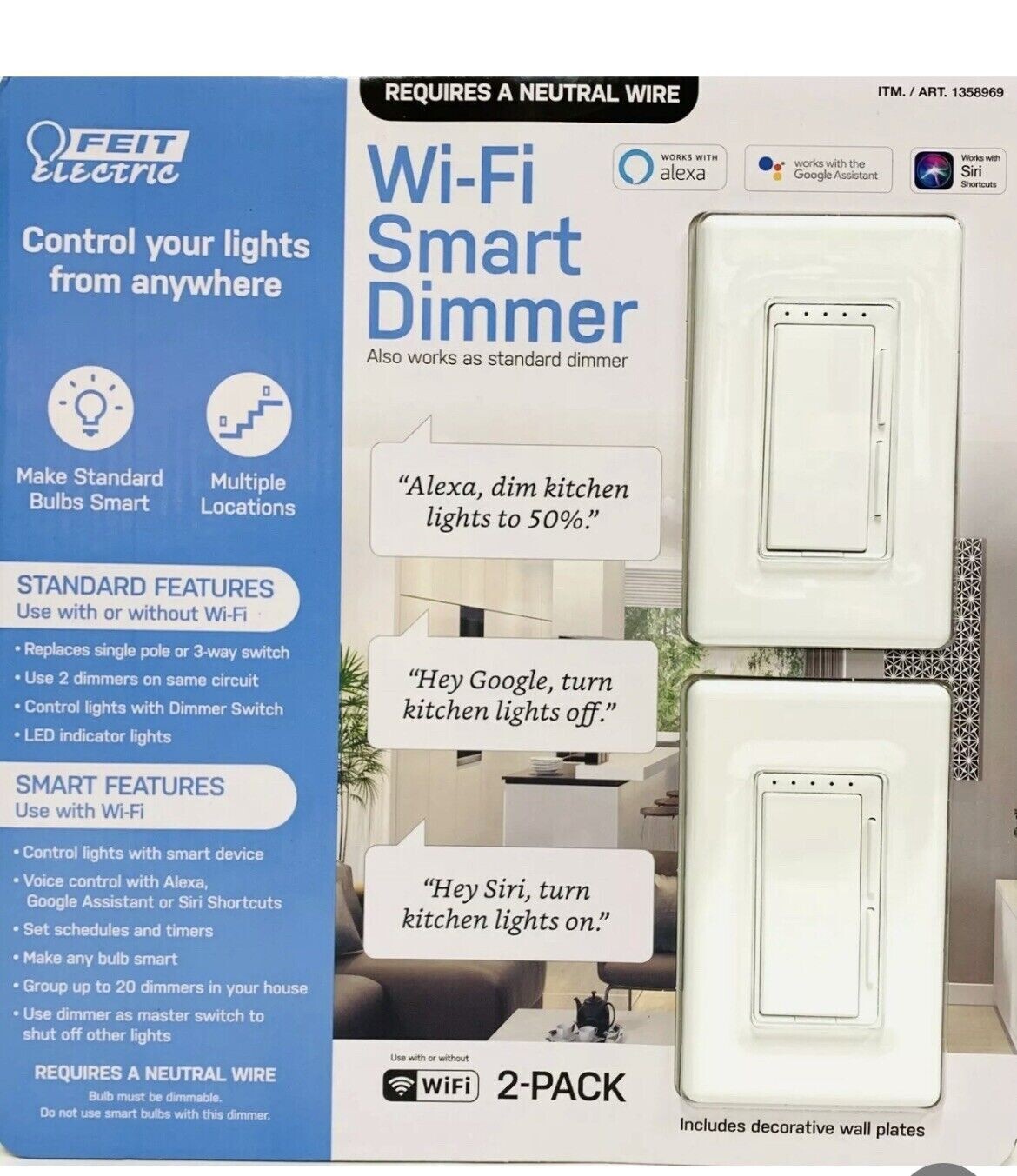 (2-Pack) Feit Electric Wi-Fi Smart Dimmer 3-Way Switch Alexa Google ...