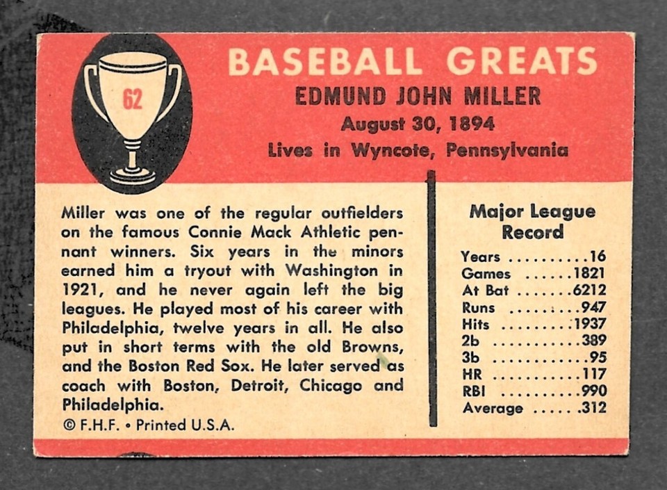 1961 Fleer Baseball Greats #62 Bing Miller 02 - EX | eBay