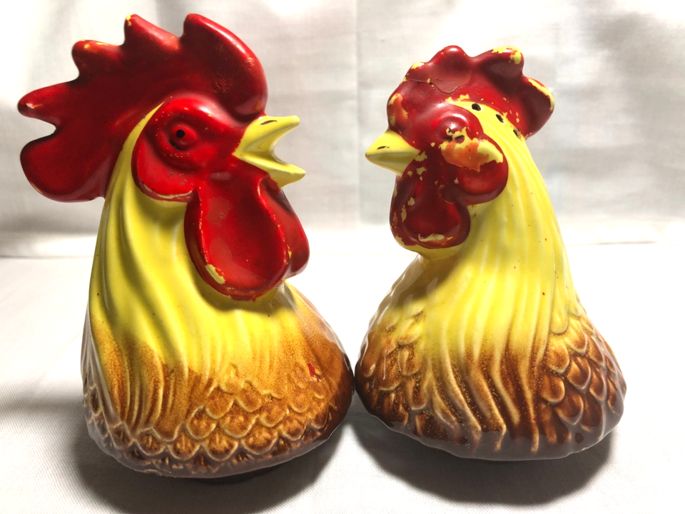 Ceramic salt and pepper shaker rooster and hen head only multicolor 4 ...