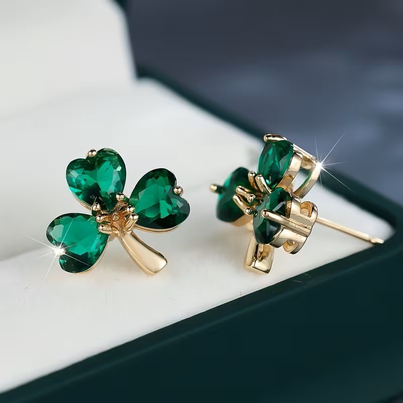 Emerald Green Crystal Shamrock Clover Stud Earrings Lucky Irish St ...