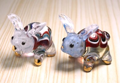 2pcs. maroon rabbit bunny figurine hand blown Glass art gild GIFT decor ...