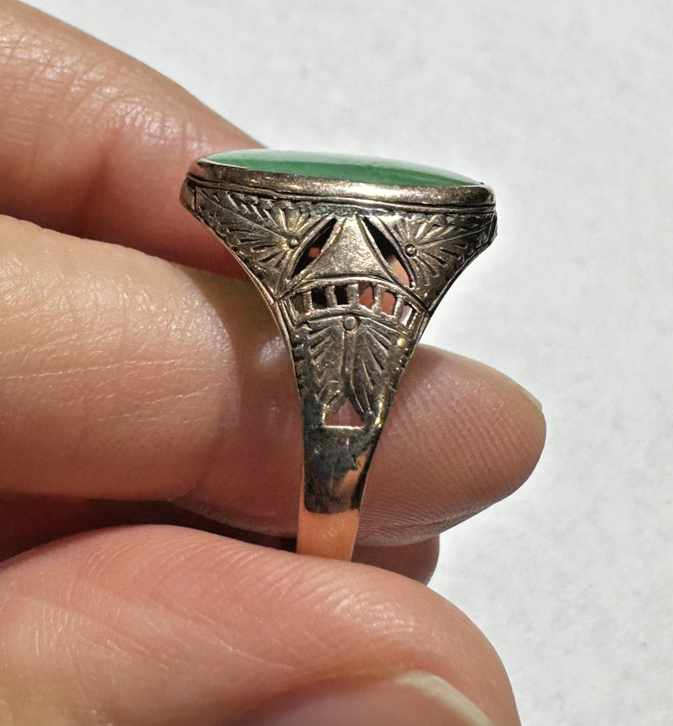 9K Yellow Gold Green Jade Jadeite Etched Vintage Antique Signet Ring Sz ...